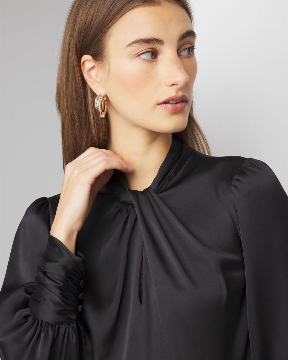 Long Sleeve Twisted Neck Satin Blouse | White House Black Market